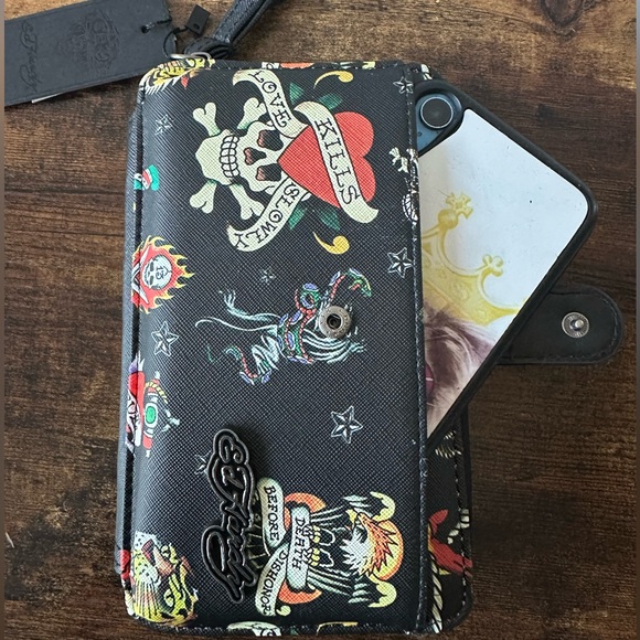 Ed Hardy | Bags | Ed Hardy Black Wallet Wristlet Colorful Tattoo ...